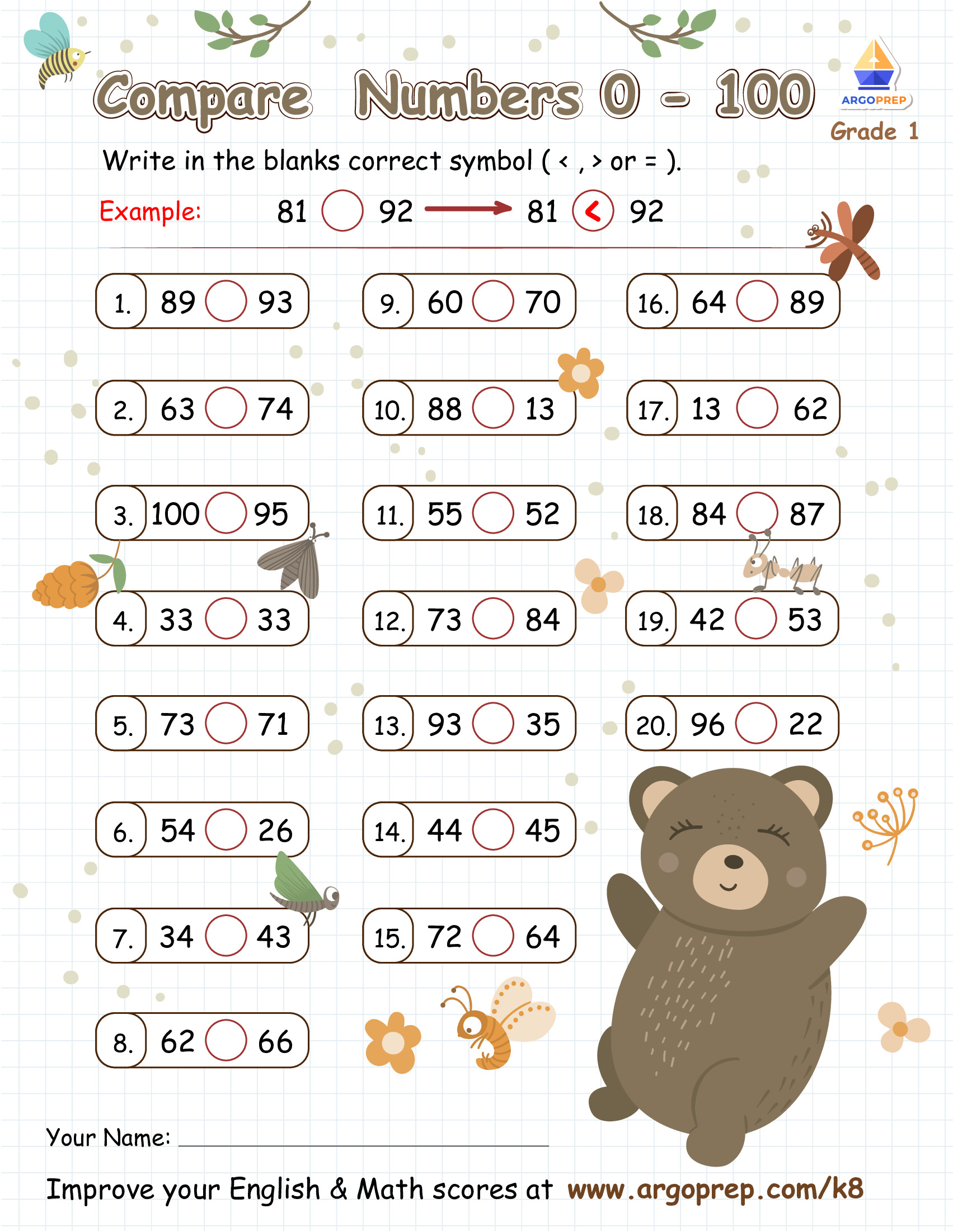 Comparing Numbers Worksheets First Grade