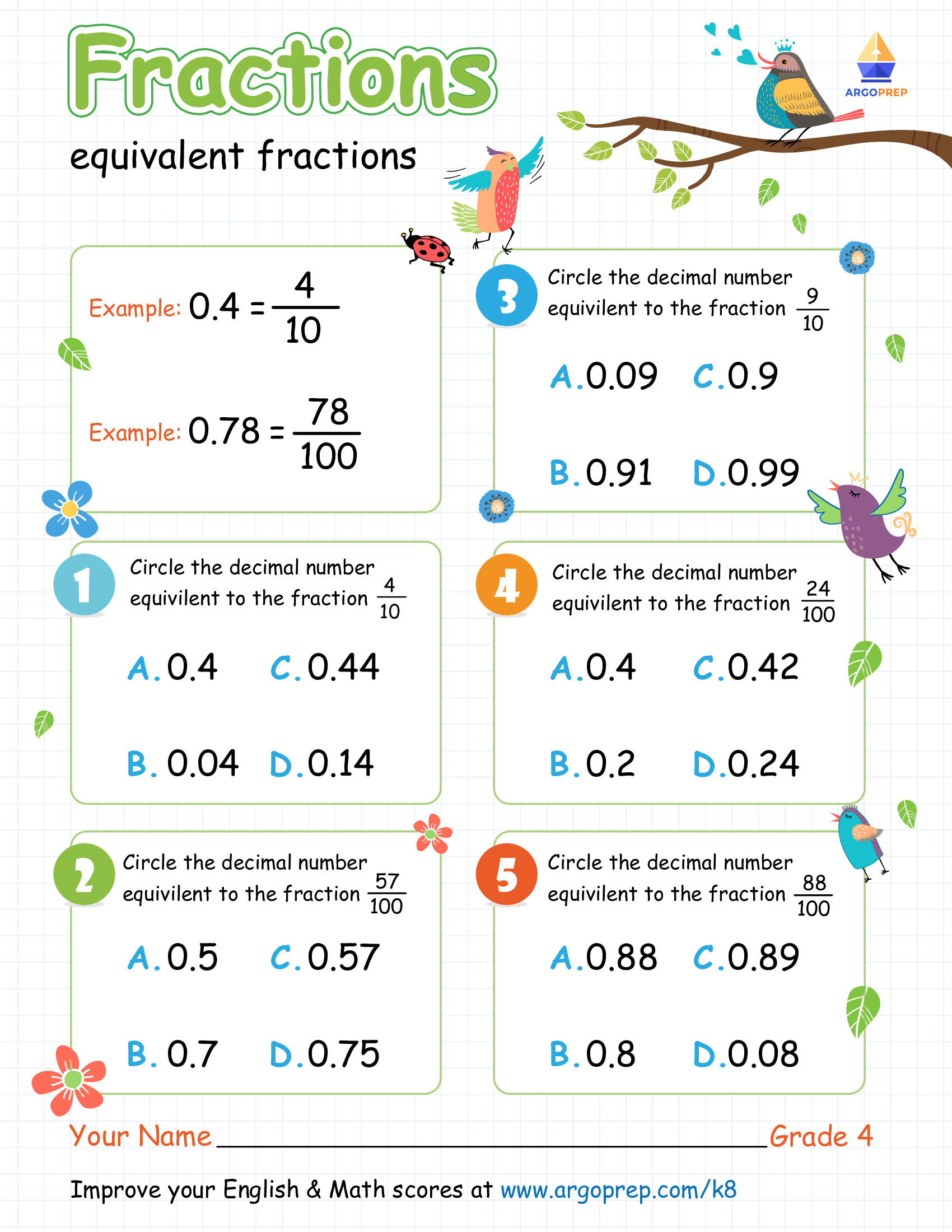 Fractions To Decimals Worksheet Fourth Grade